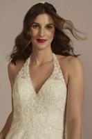 China Romantic Appliques Lace Chapel Train Back Zipper V-neck Halter Beaded  Ball Gown White Organza Wedding Dress for sale