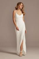 China Sleek Sheath Figure-flattering Draping Ruching Spaghetti Straps V-neckline  Slit Side Zipper White Chiffon Wedding Dress for sale