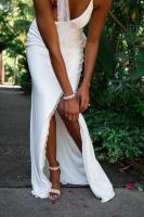 China Sleek Sheath Figure-flattering Draping Ruching Spaghetti Straps V-neckline  Slit Side Zipper White Chiffon Wedding Dress for sale