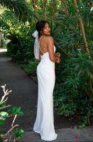 China Sleek Sheath Figure-flattering Draping Ruching Spaghetti Straps V-neckline  Slit Side Zipper White Chiffon Wedding Dress for sale
