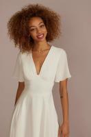 China Timeless Zipper Flutter Short Sleeve Empire V-neck Open Keyhole Back A-line White Chiffon Midi-length Wedding Dress for sale