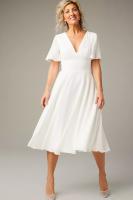 China Timeless Zipper Flutter Short Sleeve Empire V-neck Open Keyhole Back A-line White Chiffon Midi-length Wedding Dress for sale