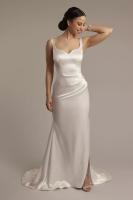 China Luxe Tank Straps Sheath Sweetheart Neckline Sweep Train Side Zipper White Satin Wedding Dress With Cowl Back for sale