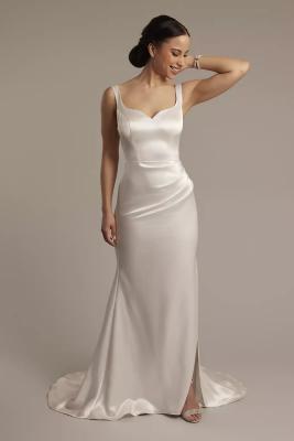 China Luxe Tank Straps Sheath Sweetheart Neckline Sweep Train Side Zipper White Satin Wedding Dress With Cowl Back for sale