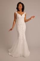 China Modern Illusion Back Lace Appliques Chapel Train Cap Sleeve Sheath V-neck Mermaid White Organza Wedding Dress for sale