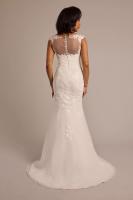 China Modern Illusion Back Lace Appliques Chapel Train Cap Sleeve Sheath V-neck Mermaid White Organza Wedding Dress for sale