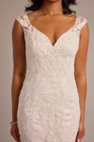 China Modern Illusion Back Lace Appliques Chapel Train Cap Sleeve Sheath V-neck Mermaid White Organza Wedding Dress for sale