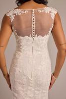 China Modern Illusion Back Lace Appliques Chapel Train Cap Sleeve Sheath V-neck Mermaid White Organza Wedding Dress for sale