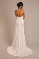China Stunning Customized Size Crystal Halter Ruffles Split Slit Sheath Chapel Train Zipper Ivory Satin Wedding Dress for sale