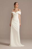 China Simply Elegant V-neck Customized Size Zipper Ruffles Off-the-shoulder Sheath White Satin Wedding Dress for sale