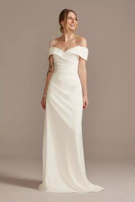 China Simply Elegant V-neck Customized Size Zipper Ruffles Off-the-shoulder Sheath White Satin Wedding Dress for sale