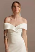 China Simply Elegant V-neck Customized Size Zipper Ruffles Off-the-shoulder Sheath White Satin Wedding Dress for sale