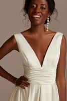 China Modern Satin Plus Size V-neck Zipper Tea-length Empire Backless Tank Straps A-line Ivory Satin Midi Wedding Dress for sale