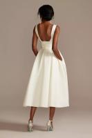 China Modern Satin Plus Size V-neck Zipper Tea-length Empire Backless Tank Straps A-line Ivory Satin Midi Wedding Dress for sale