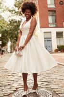China Modern Satin Plus Size V-neck Zipper Tea-length Empire Backless Tank Straps A-line Ivory Satin Midi Wedding Dress for sale