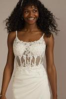 China Sexy Illusion Corset Boat Neckline Spaghetti Strap Sheath Alluring Lace Zipper High Split Slit White Satin Wedding Dress for sale