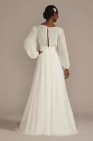 China Dreamy Long Billow Sleeve A-line Keyhole Back Zipper V-neck Split Slit Pleated Ivory Chiffon Wedding Dress for sale