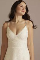 China Ideal High-low Custom-made Size A-line Spaghetti Strap Zipper V-neck Empire Ivory Beach Lace Wedding Dress for sale