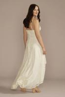 China Ideal High-low Custom-made Size A-line Spaghetti Strap Zipper V-neck Empire Ivory Beach Lace Wedding Dress for sale