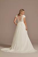 China Sexy Eyelash Lace Illusion Back Sweep Train Plus Size A-line Zipper Ruffle Cap Sleeve V-neck White Chiffon Wedding Dress for sale