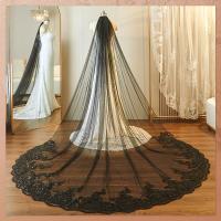 China Customized 4m*3m Wholesale Long Cathedral Appliqued Lace Sequins Tulle A Top Vantage Bridal Wedding Black Veil With Hair for sale