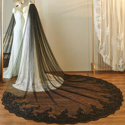 China Customized 4m*3m Wholesale Long Cathedral Appliqued Lace Sequins Tulle A Top Vantage Bridal Wedding Black Veil With Hair for sale