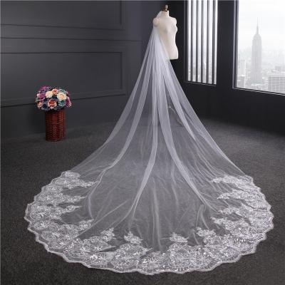 China Beautiful Customized 3m*3m Wholesale Long Cathedral Appliqued Lace Tulle Bridal Wedding White Veil With Hair Comb for sale