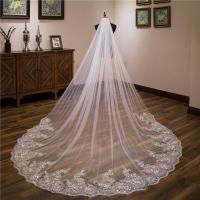 China Unique Customized 3m Wholesale Long Cathedral Appliqued Lace Sequins Tulle Bridal Wedding White Veil With Hair Comb for sale