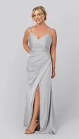 China Perfect V-neckline Plus Size Spaghetti Straps Ruffles Split Slit Wine Satin Mother Of The Bride Dress for sale
