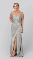 China Perfect V-neckline Plus Size Spaghetti Straps Ruffles Split Slit Wine Satin Mother Of The Bride Dress for sale