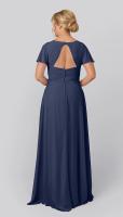 China Romantic V-neckline A-line Back Keyhole Cutout Short Flutter Sleeve Zipper Navy Chiffon Mother Of The Bride Dress for sale
