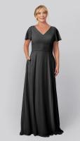 China Romantic V-neckline A-line Back Keyhole Cutout Short Flutter Sleeve Zipper Navy Chiffon Mother Of The Bride Dress for sale