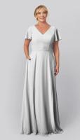 China Romantic V-neckline A-line Back Keyhole Cutout Short Flutter Sleeve Zipper Navy Chiffon Mother Of The Bride Dress for sale