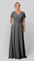 China Romantic V-neckline A-line Back Keyhole Cutout Short Flutter Sleeve Zipper Navy Chiffon Mother Of The Bride Dress for sale