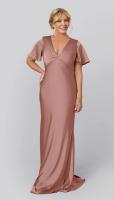 China Shiny V-neckline Short Sleeves Zipper Sheath Plus Size Sweep Train Silver Satin Mother Of The Bride Dress for sale