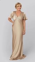 China Shiny V-neckline Short Sleeves Zipper Sheath Plus Size Sweep Train Silver Satin Mother Of The Bride Dress for sale