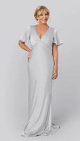 China Shiny V-neckline Short Sleeves Zipper Sheath Plus Size Sweep Train Silver Satin Mother Of The Bride Dress for sale