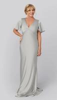 China Shiny V-neckline Short Sleeves Zipper Sheath Plus Size Sweep Train Silver Satin Mother Of The Bride Dress for sale