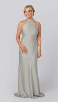 China Sexy Sleeveless Customized Sweep Train Keyhole Back Halter Zipper Black Satin Mother Of The Bride Dress for sale