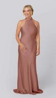 China Sexy Sleeveless Customized Sweep Train Keyhole Back Halter Zipper Black Satin Mother Of The Bride Dress for sale