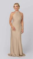 China Sexy Sleeveless Customized Sweep Train Keyhole Back Halter Zipper Black Satin Mother Of The Bride Dress for sale