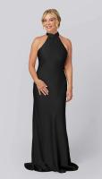 China Sexy Sleeveless Customized Sweep Train Keyhole Back Halter Zipper Black Satin Mother Of The Bride Dress for sale