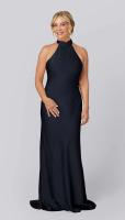 China Sexy Sleeveless Customized Sweep Train Keyhole Back Halter Zipper Black Satin Mother Of The Bride Dress for sale