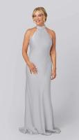 China Sexy Sleeveless Customized Sweep Train Keyhole Back Halter Zipper Black Satin Mother Of The Bride Dress for sale