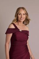 China Asymmetrical Custom-made Size Off-the-shoulder Sheath Zipper Ruffles Burgundy Satin Mother Of The Bride Dress for sale