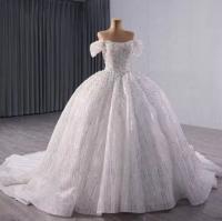 China Shiny Off-the-shoulder Beaded Puffy Empire Ball Gown Court Train White Sequins Wedding Dresses for sale