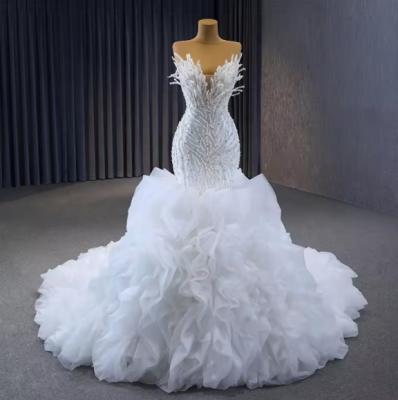 China Elegant Ruffles Boho Backless V-neck Sleeveless Beaded Bridal Mermaid Court Train White Wedding Dresses for sale