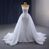 China Elegant Beaded Spaghetti Straps A-line Court Train Boat Neck Lace-up Mermaid White Sequins Long Wedding Dress for sale