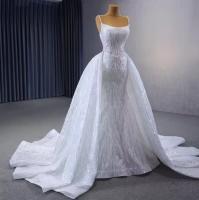 China Elegant Beaded Spaghetti Straps A-line Court Train Boat Neck Lace-up Mermaid White Sequins Long Wedding Dress for sale