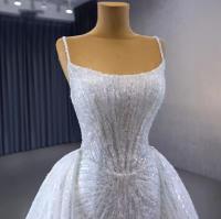 China Elegant Beaded Spaghetti Straps A-line Court Train Boat Neck Lace-up Mermaid White Sequins Long Wedding Dress for sale